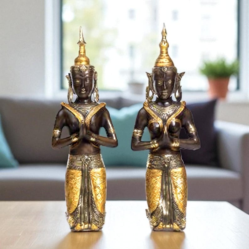 Thai Couple Brass Statue Set – Traditional Southeast Asian Figurines ...