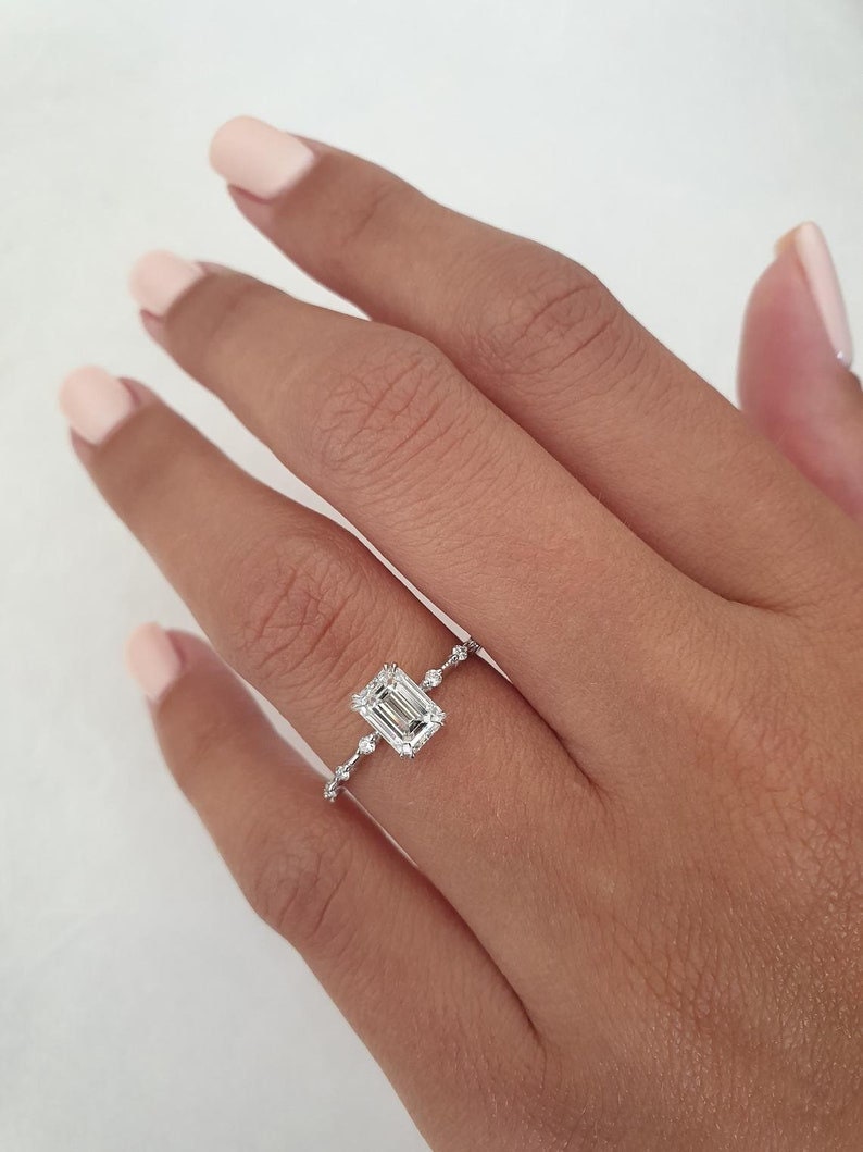 2.00 CT Emerald Cut Lab Grown Solitaire With Essence Engagement Ring ...