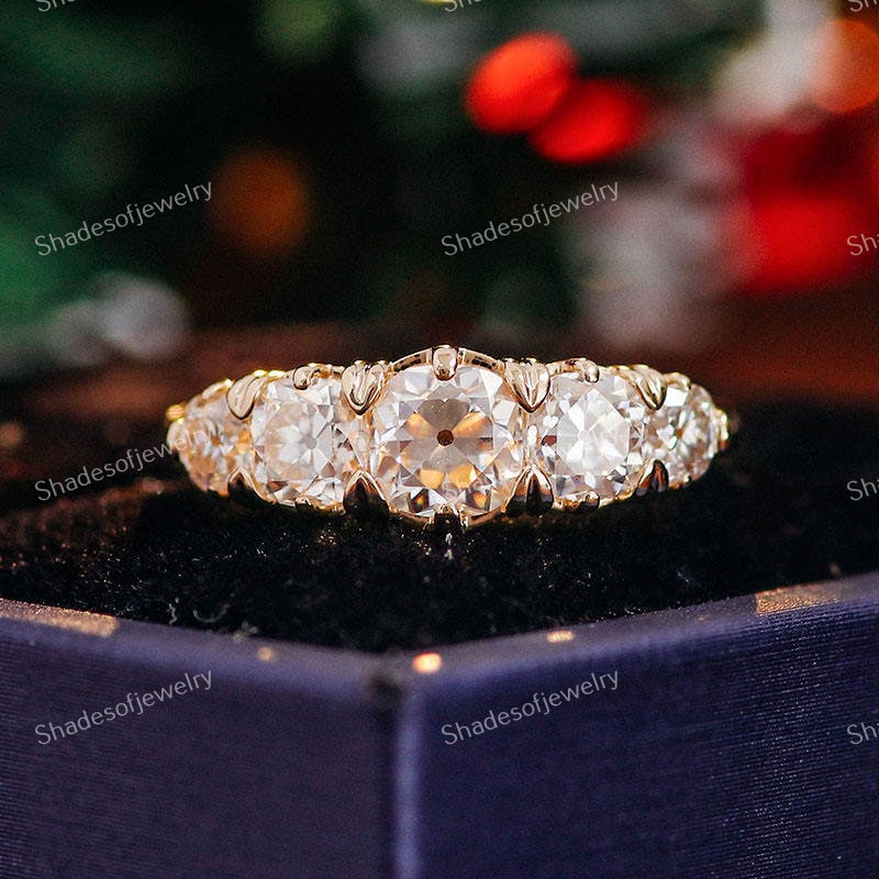 Old Mine Cushion Cut Lab Grown Diamond Five Stone Wedding Ring, Eco ...