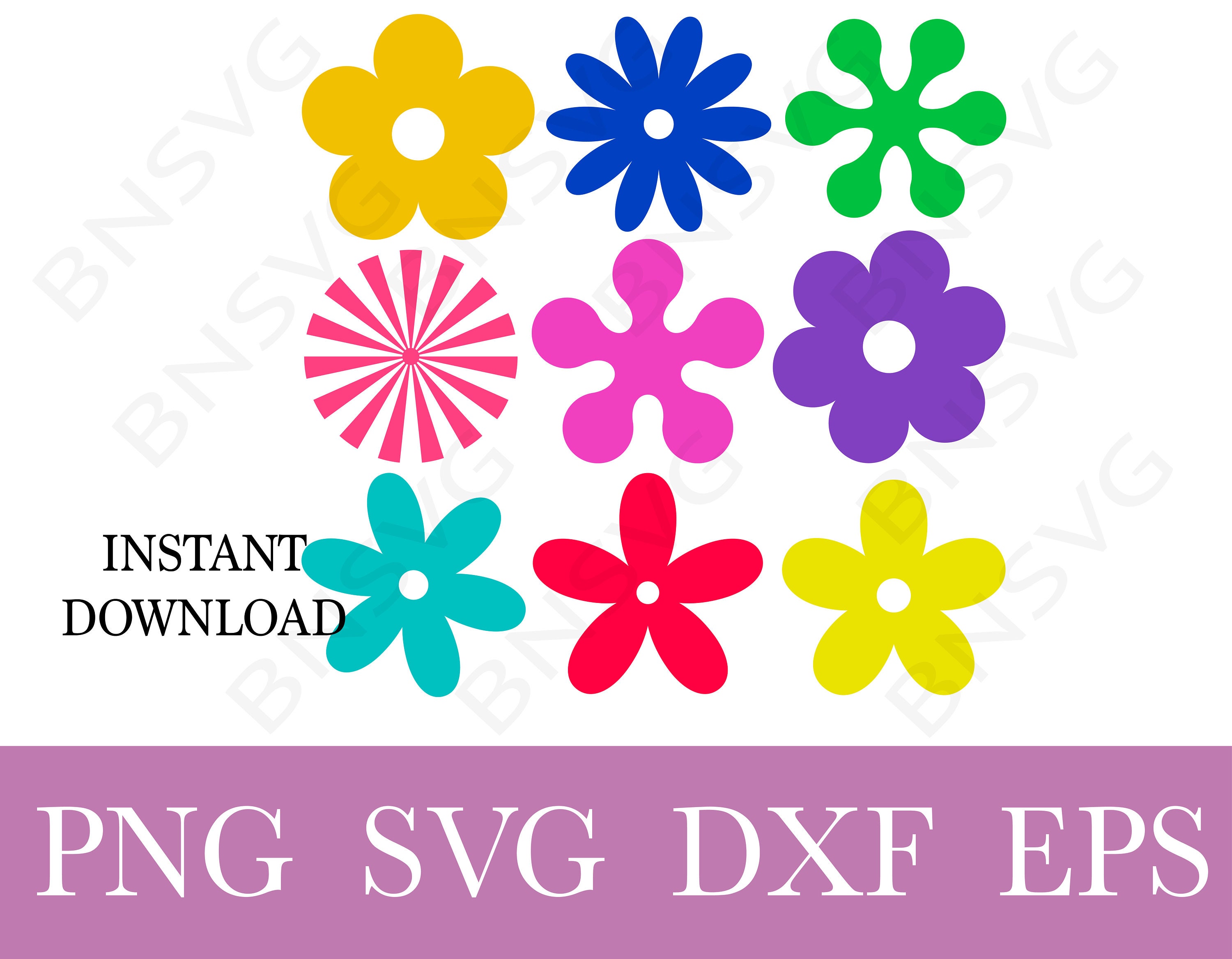 Retro Flowers Shapes SVG, Different Colorful Flowers Set PNG, EPS, Cut ...
