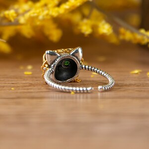 Cat Ring With Gold Links, Open Size Ring, Sterling Silver Adjustable ...