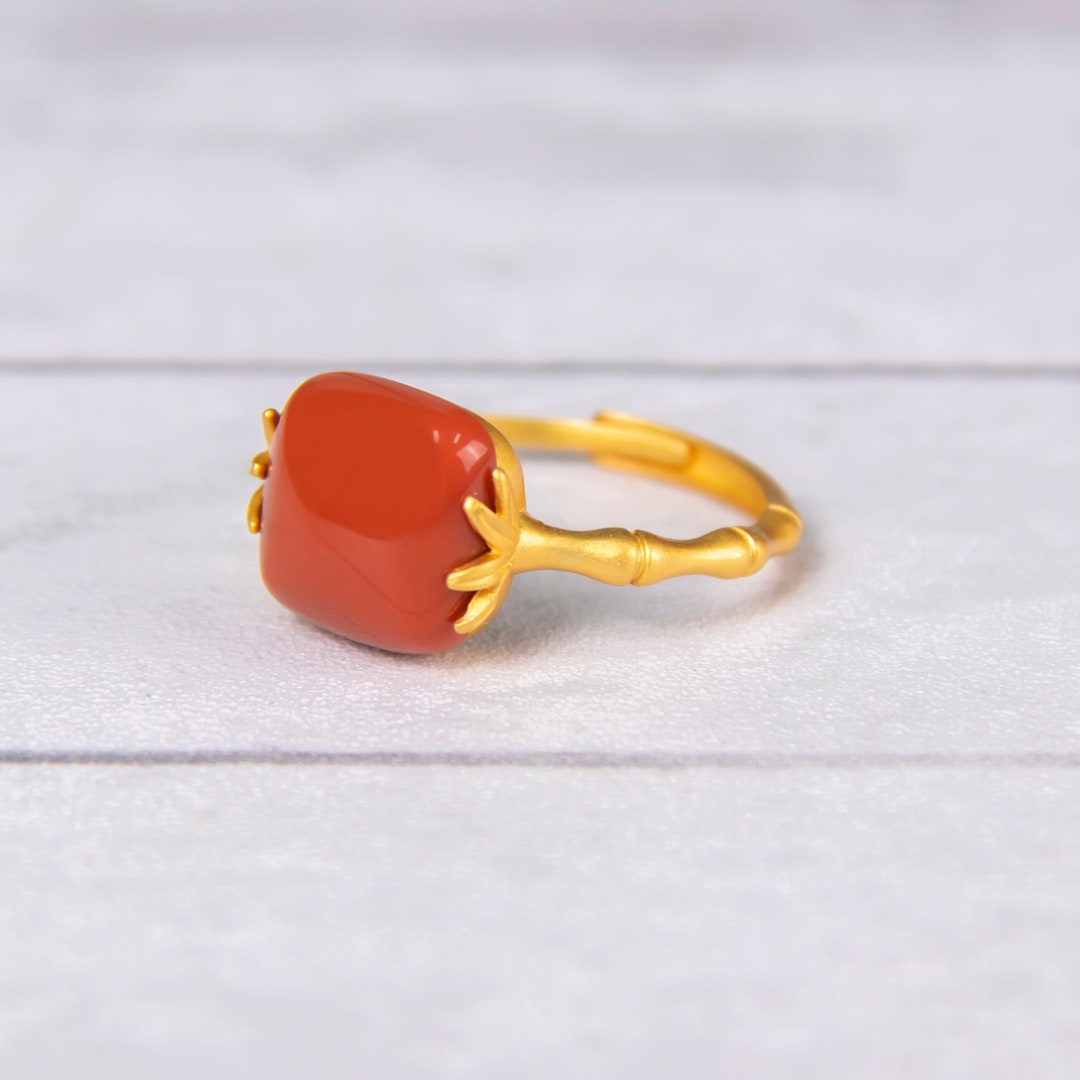 Natural Southern Red (nanhong Agate) Ring in 18K Gold Plated Silver ...