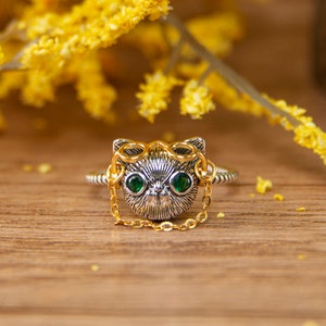 Cat Ring With Gold Links, Open Size Ring, Sterling Silver Adjustable ...