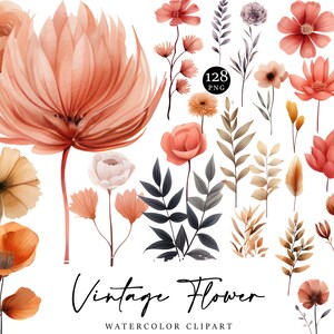 128 Watercolor Vintage Flower Clipart Bundle Printable Art Sublimation ...