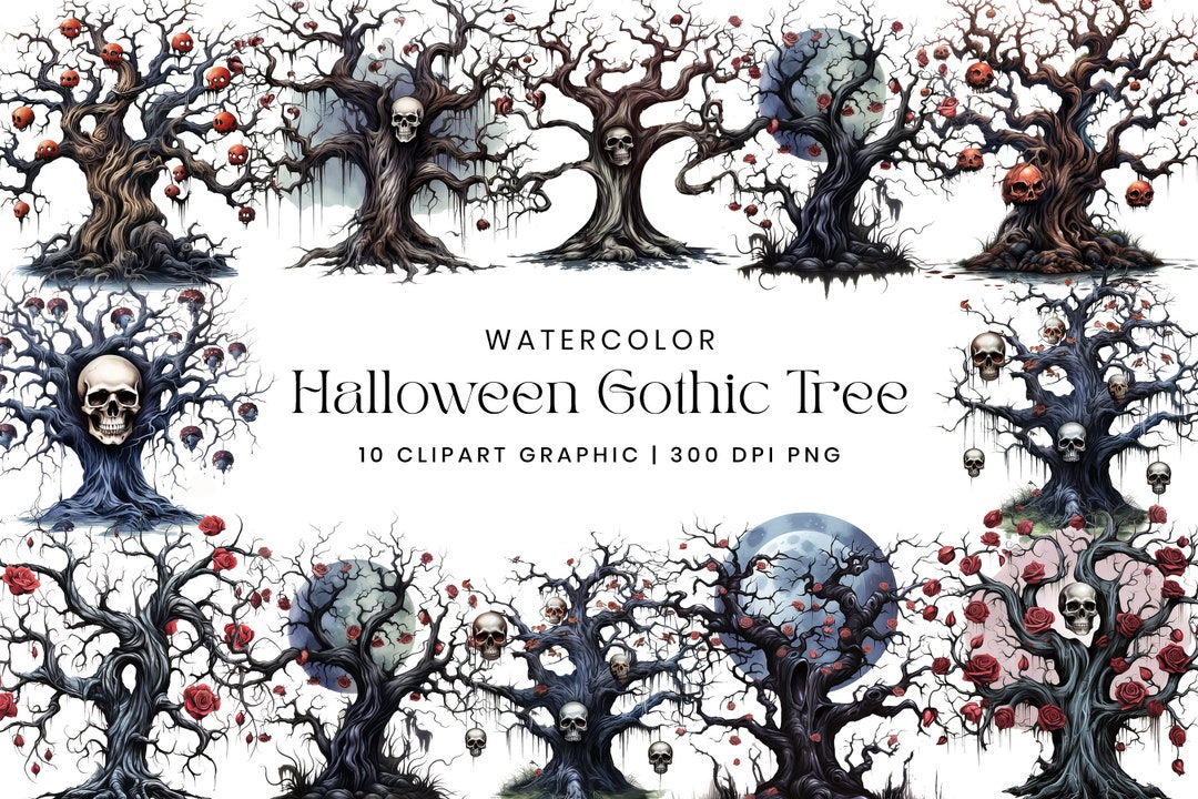 Watercolor Halloween Gothic Tree Clipart Bundle Sublimation - Etsy