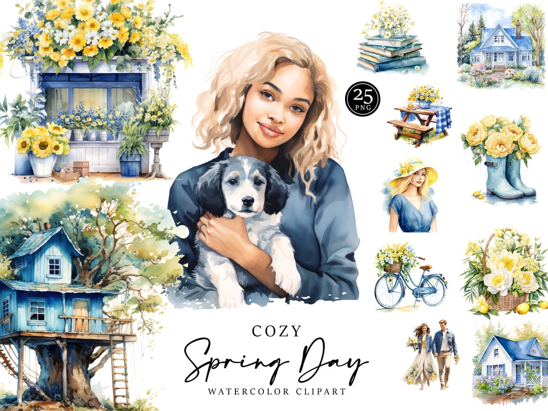 Watercolor Cozy Spring Day Clipart Bundle Sublimation Designs, Floral ...