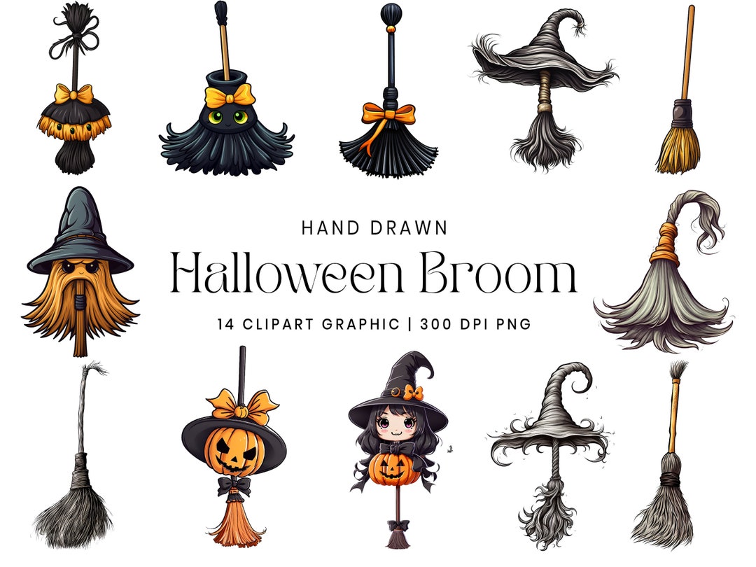 Hand Drawn Halloween Broom Clipart Bundle Digital Download Sublimation ...
