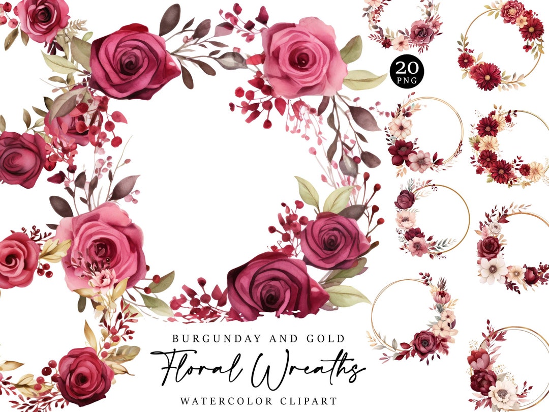 20 Watercolor Burgundy and Gold Floral Wreath Clipart Bundle ...