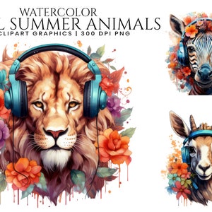 21 Watercolor Chill Summer Animals Clipart Bundle Digital Download ...
