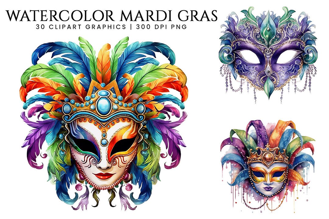 30 Watercolor Mardi Gras Clipart Bundle Printable Wall Art Sublimation ...
