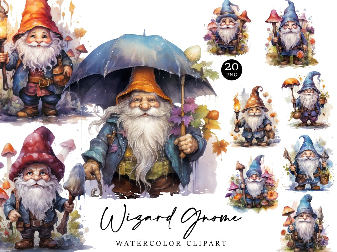 20 Watercolor Wizard Gnome Clipart Bundle Sublimation Designs, Digital ...
