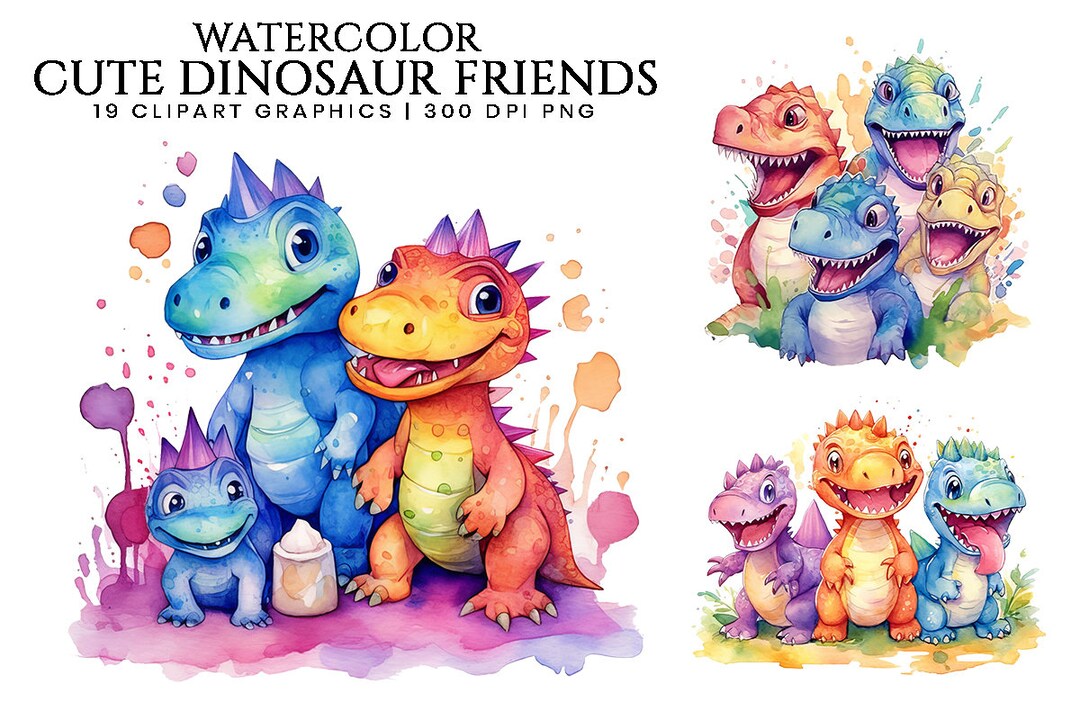 Watercolor Cute Dinosaur Friends Clipart Bundle Instant Download ...