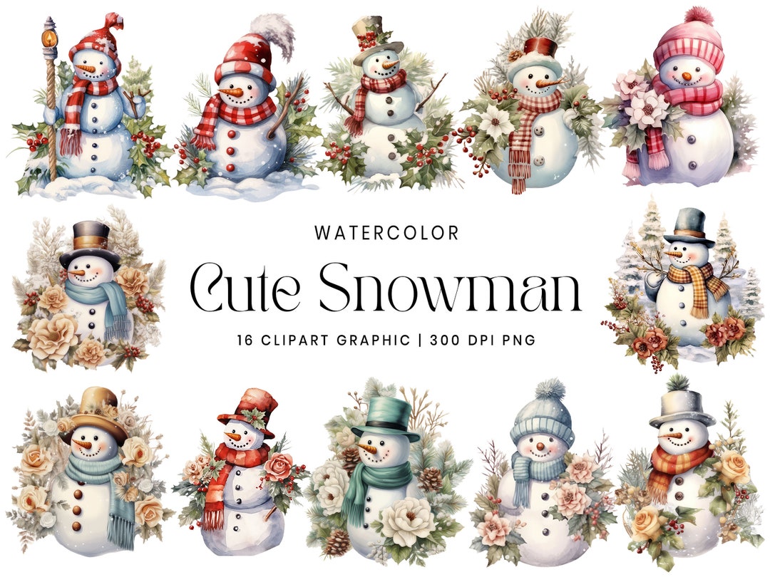 Watercolor Cute Snowman Clipart Bundle Sublimation Designs, Instant ...