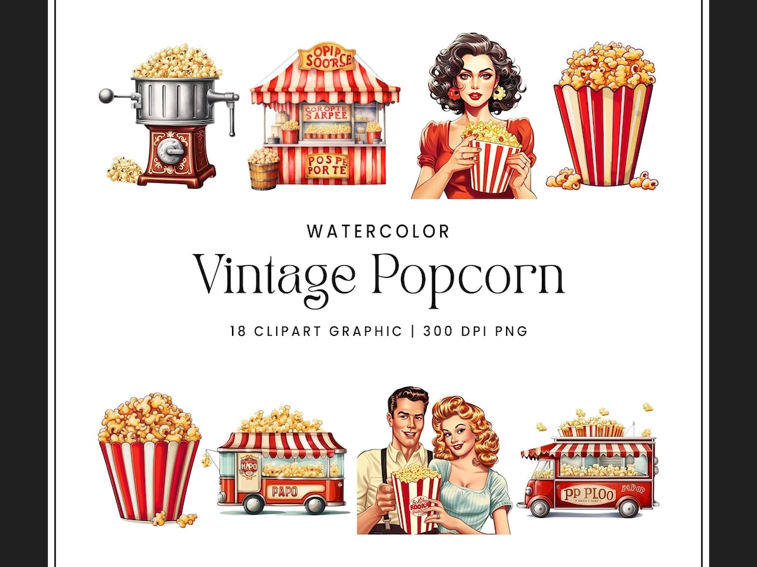 18 Watercolor Vintage Popcorn Clipart Bundle Digital Print Sublimation ...