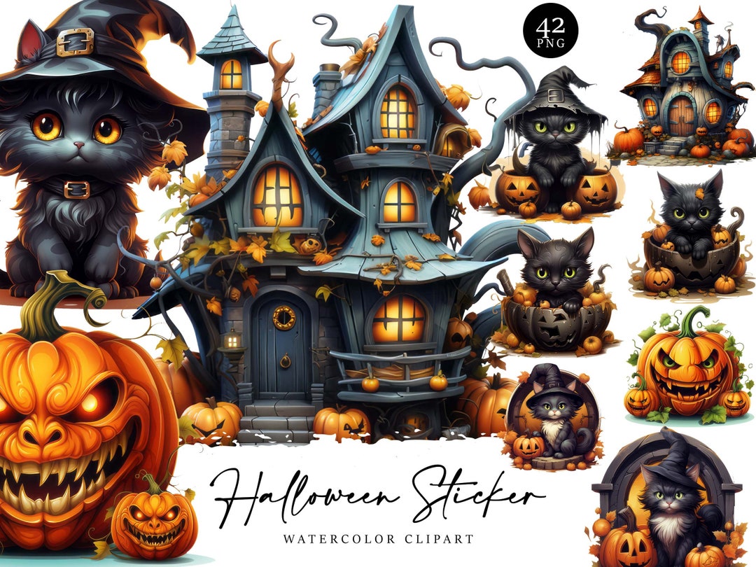42 Watercolor Halloween Sticker Clipart Bundle Instant Download ...
