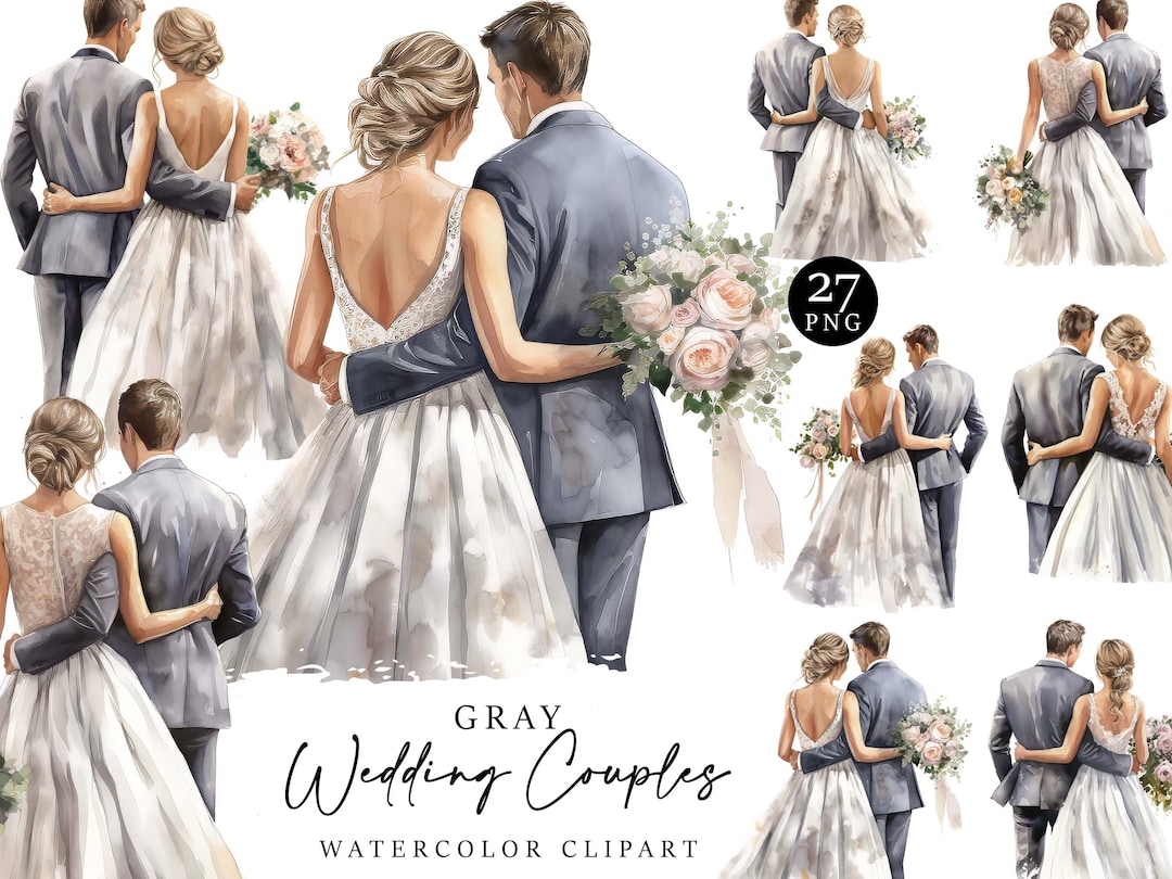 27 Wedding Couples Gray Backside Watercolor Bride and Groom Clipart ...