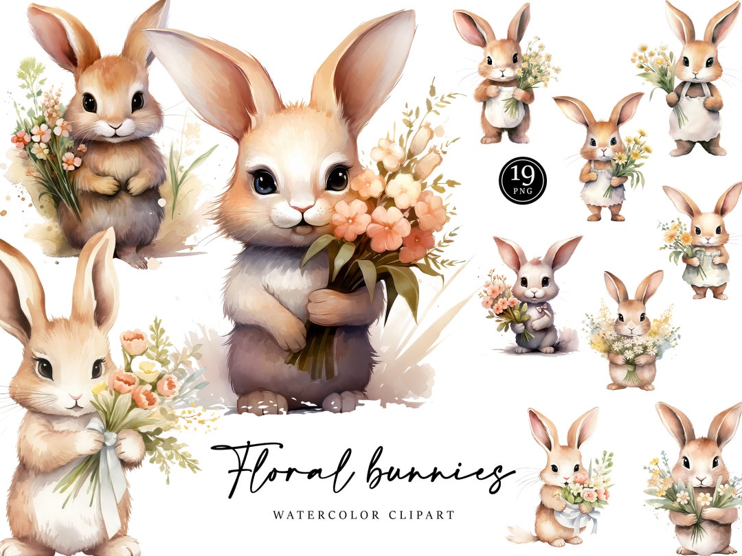 19 Watercolor Floral Bunnies Clipart Bundle Sublimation Designs ...