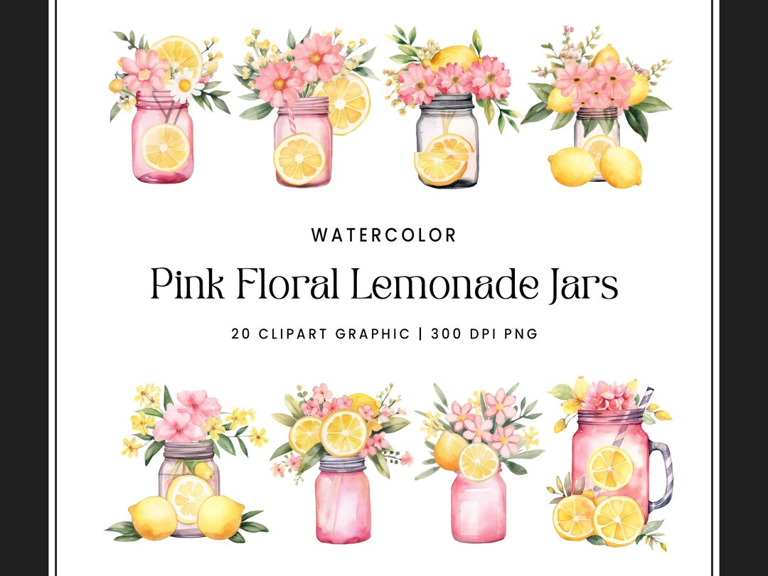 Watercolor Pink Floral Lemonade Jars Clipart Bundle Sublimation Designs ...