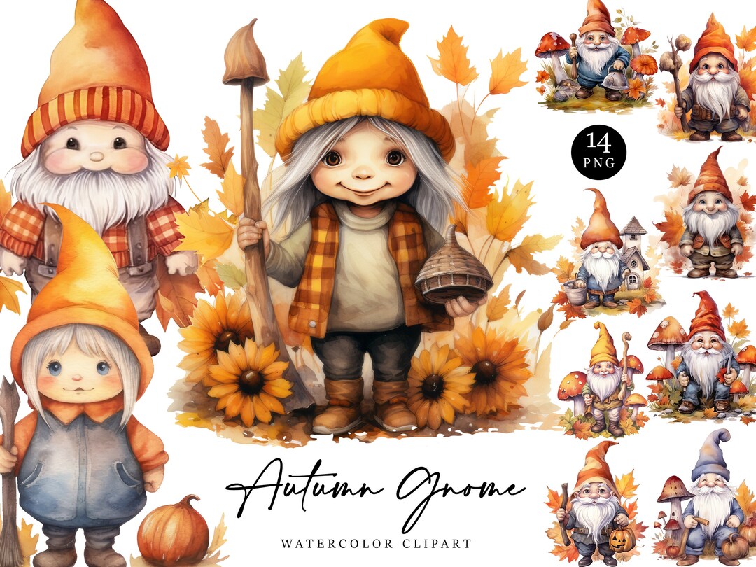 14 Watercolor Autumn Gnome Clipart Bundle Sublimation Designs, Digital ...