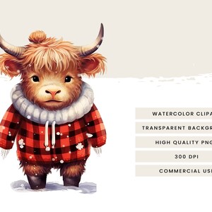 20 Watercolor Christmas Highland Cow Clipart Bundle Sublimation Designs ...