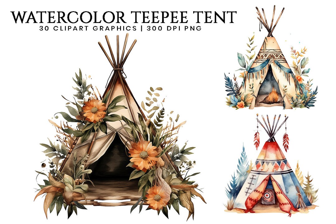 Watercolor Teepee Tent Clipart Bundle Sublimation Designs, Printable ...