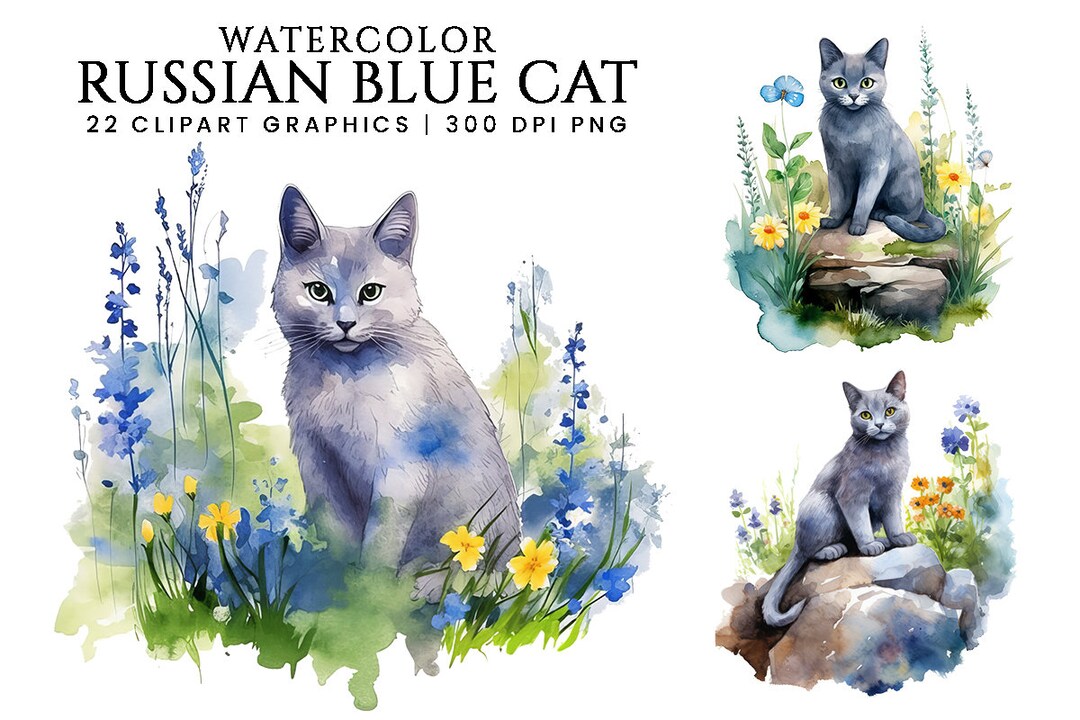 Watercolor Russian Blue Cat Clipart Bundle Sublimation Designs, Digital ...