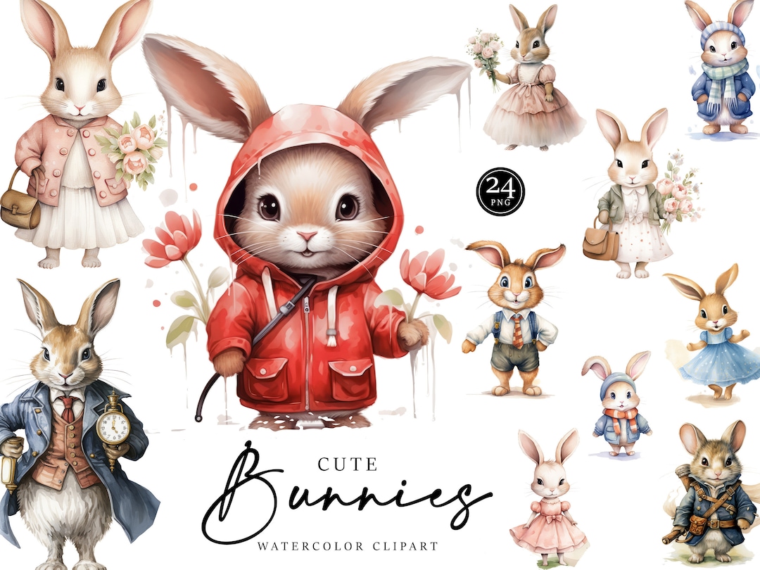 Watercolor Cute Bunnies Clipart Bundle Sublimation Designs, Digital ...