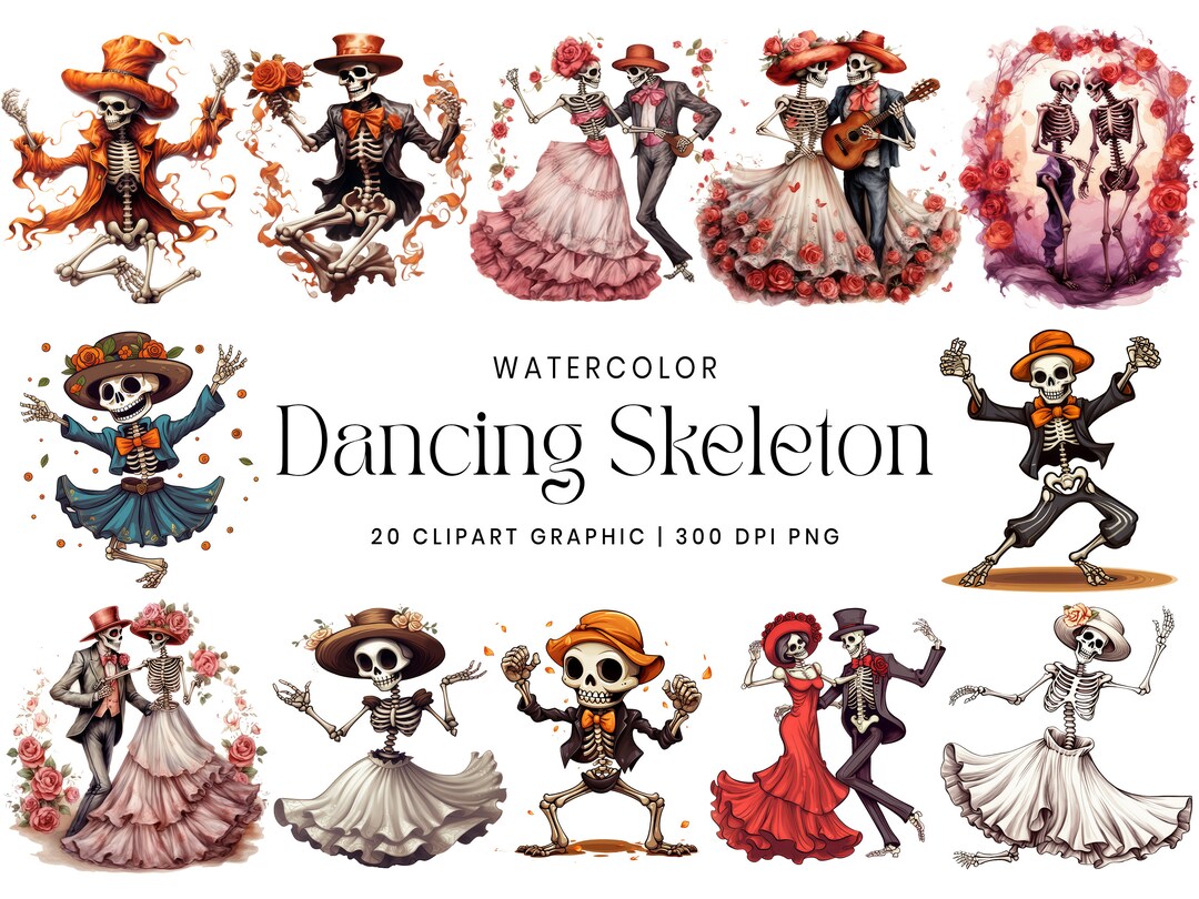 Watercolor Dancing Skeleton Clipart Bundle Digital Download - Etsy