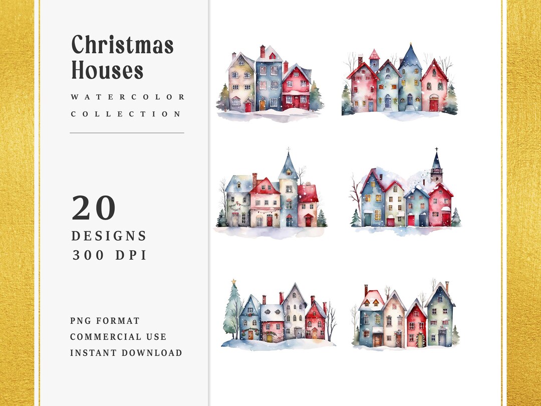 Watercolor Christmas Houses Clipart Bundle Sublimation Designs, Instant ...