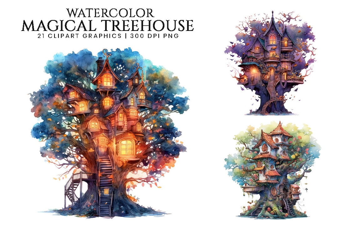 Watercolor Magical Treehouse Clipart Bundle, Digital Download ...