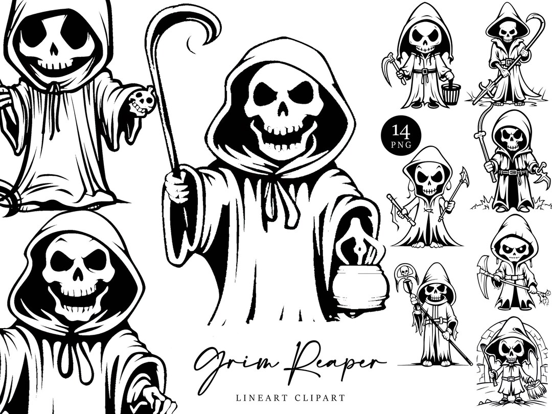 14 Lineart Cute Grim Reaper Clipart Bundle Digital Download, Instant ...