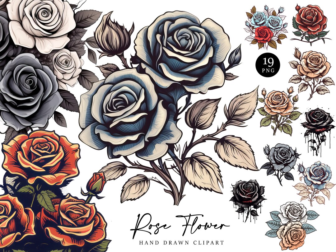 19 Hand Drawn Rose Flower Clipart Bundle Digital Download, Sublimation ...