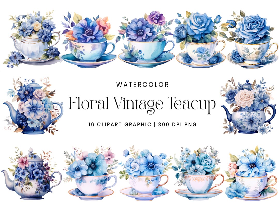 Watercolor Floral Vintage Teacup Clipart Bundle Printable Art ...
