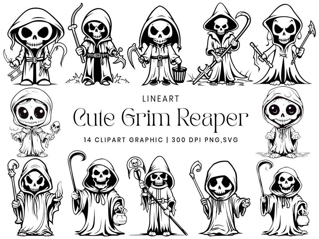Lineart Cute Grim Reaper Clipart Bundle Digital Download, Instant ...