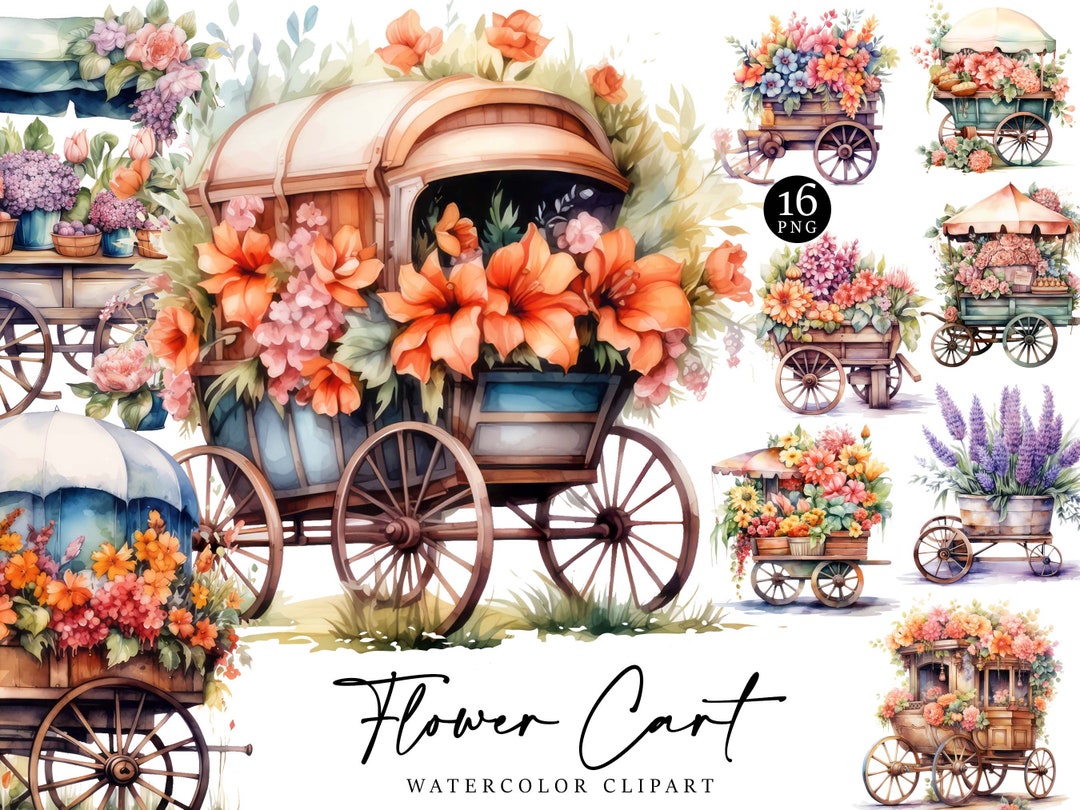 16 Watercolor Flower Cart Clipart Bundle Sublimation Designs, Digital ...