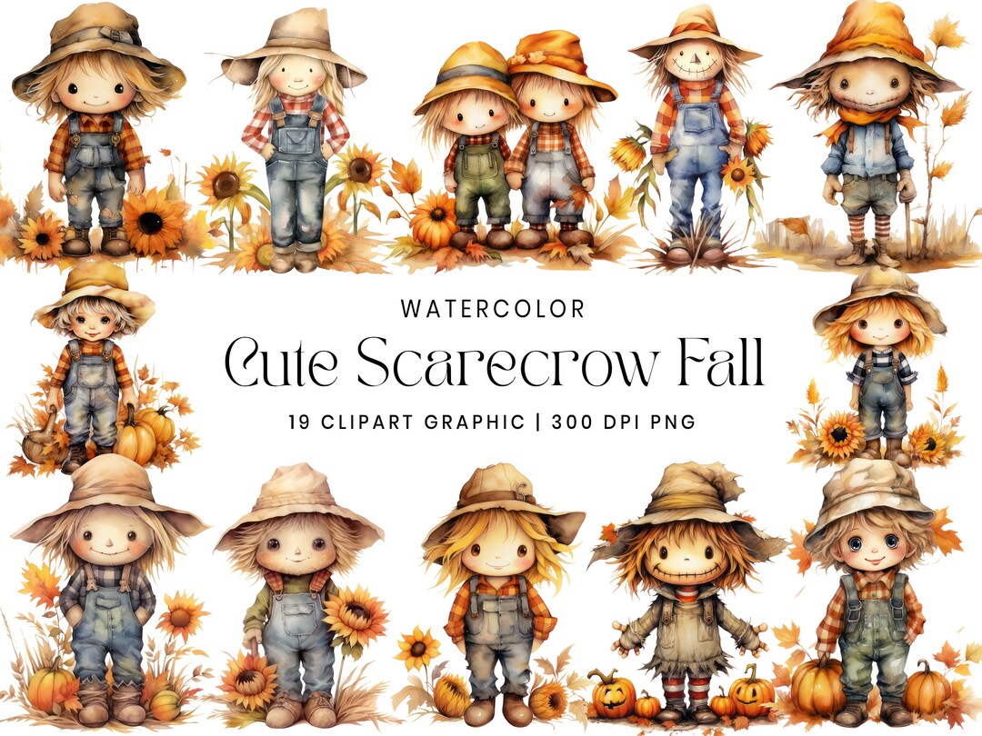Watercolor Cute Scarecrow Fall Clipart Bundle Digital Download ...