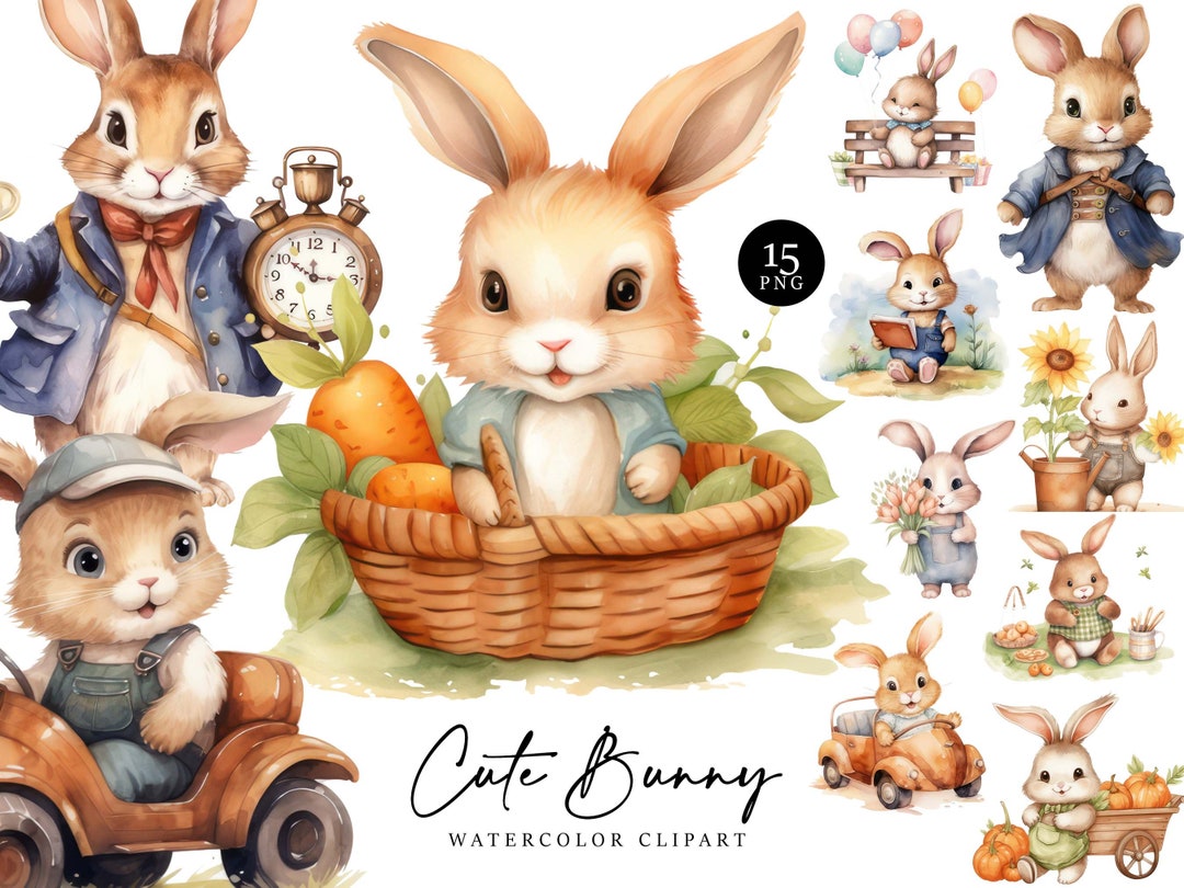 15 Watercolor Cute Bunny Clipart Bundle Digital Download Sublimation ...