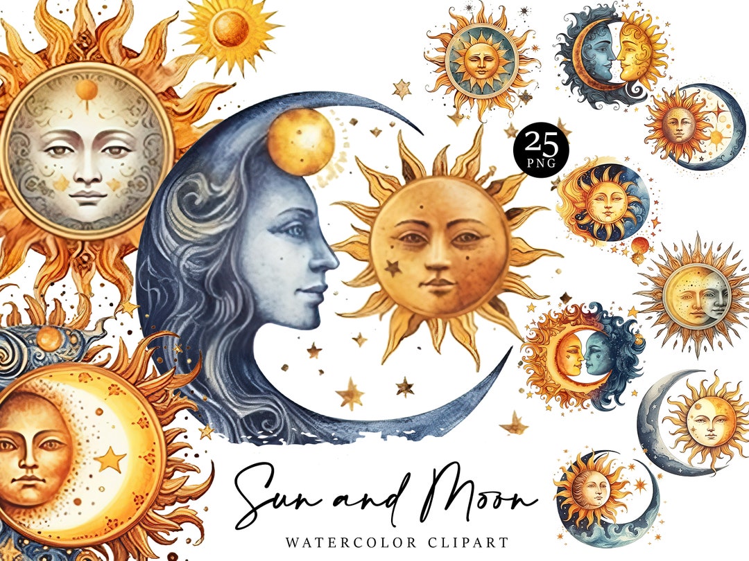 25 Watercolor Sun and Moon Clipart Bundle Sublimation Designs, Digital ...