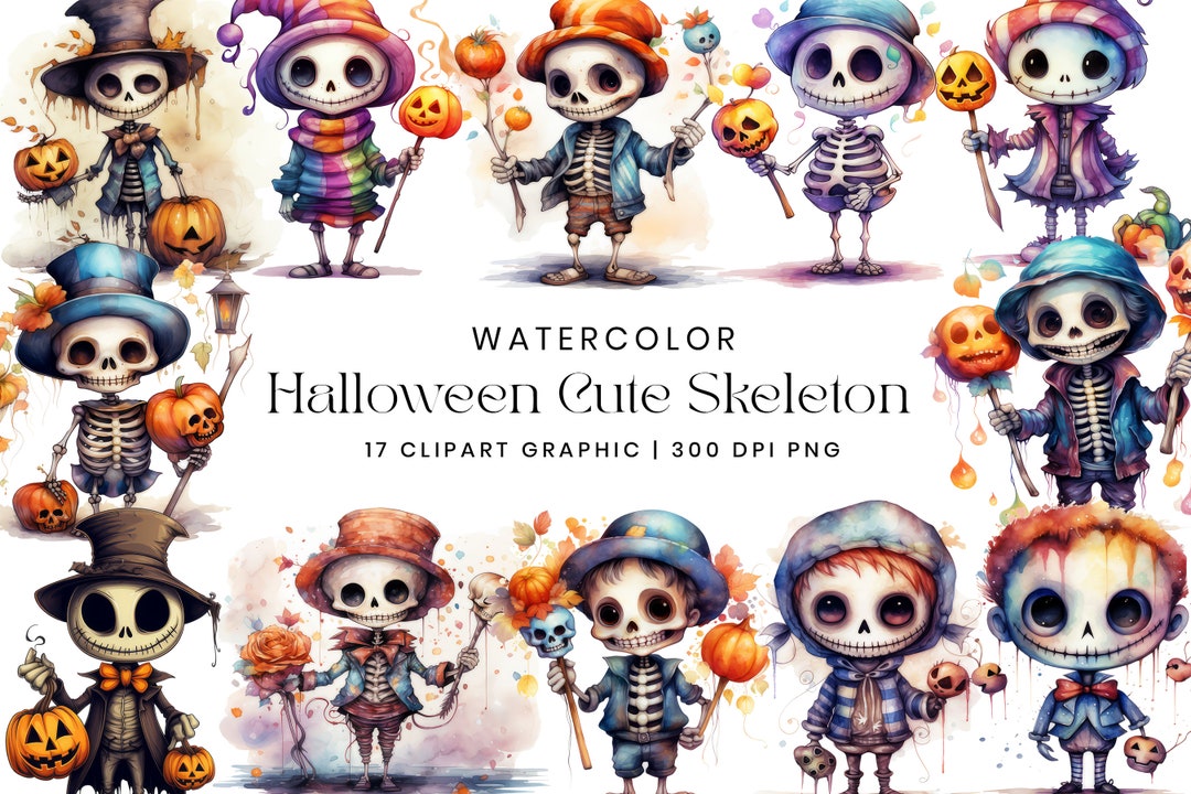 Watercolor Halloween Cute Skeleton Clipart Bundle Sublimation Designs ...
