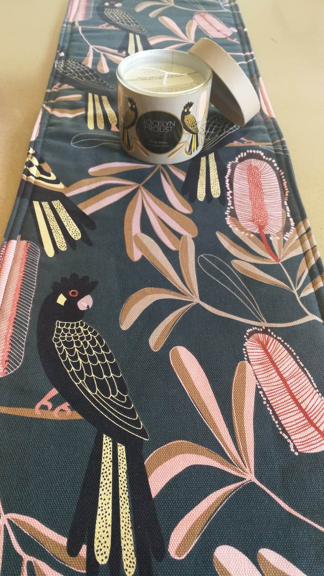 Black Cockatoo Table Runner With White Peony Candle, Australian Decor ...