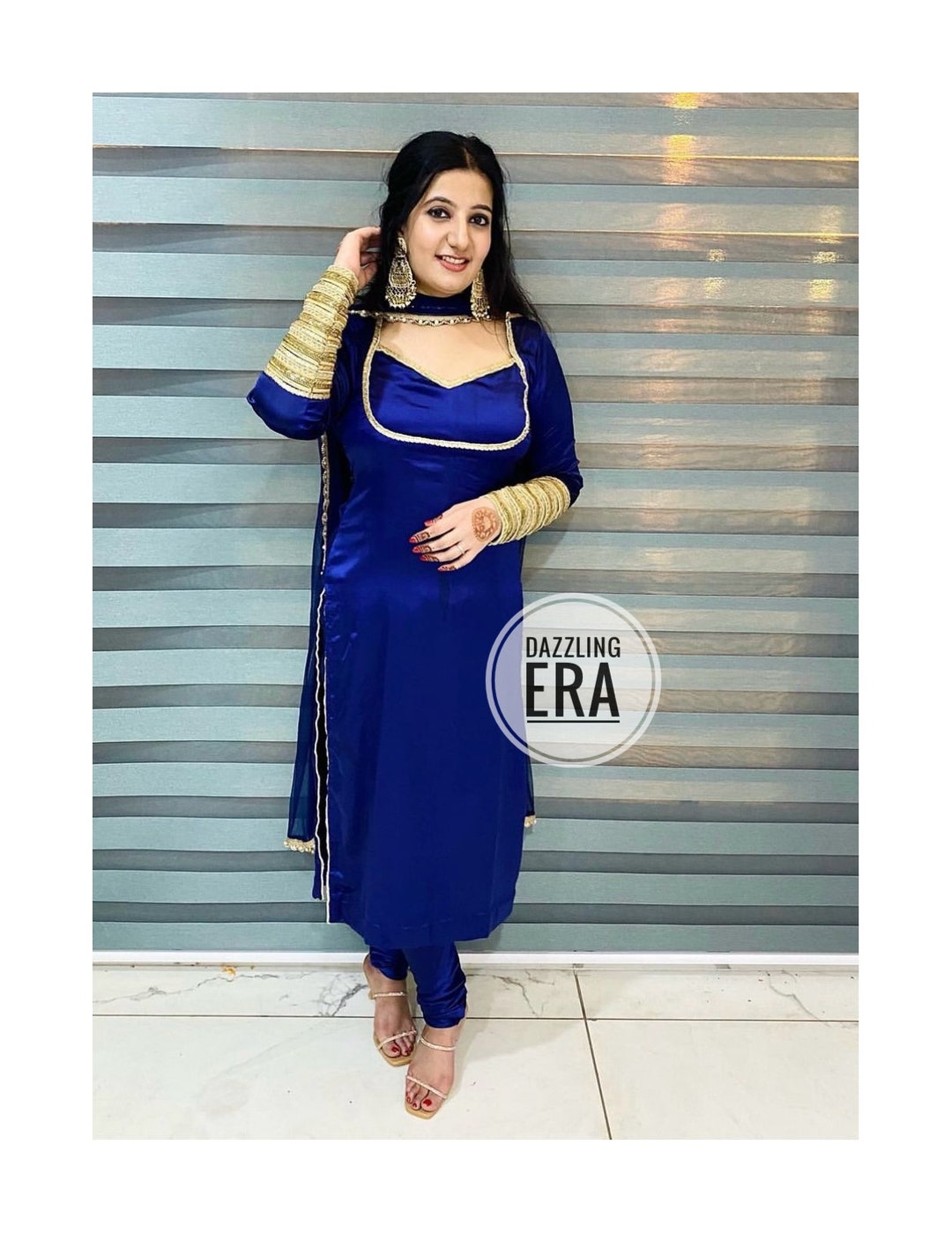 Blue Satin Silk Punjabi Pajami Suit Custom Made Dress Suit Churidar ...