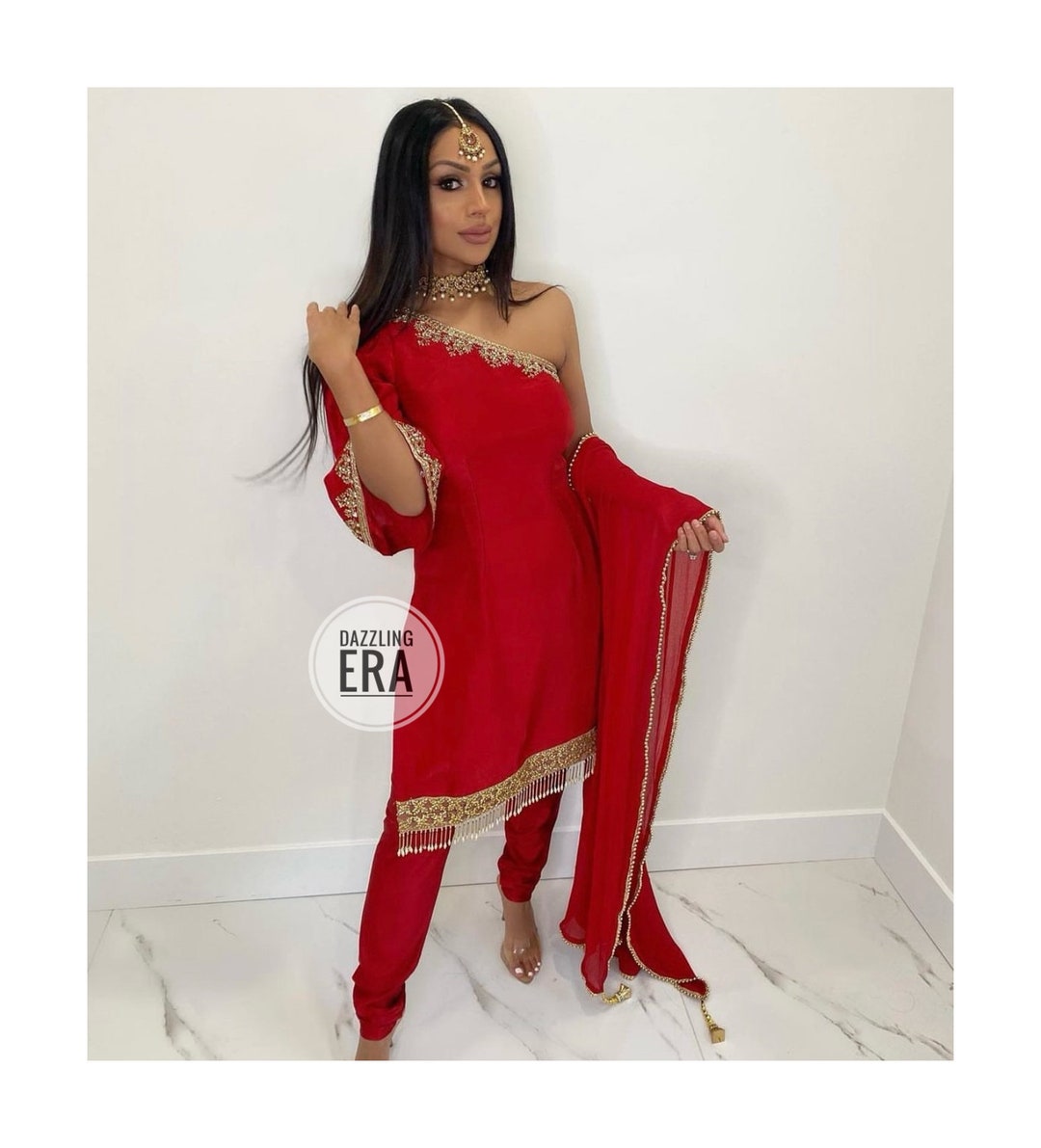 Red off Shoulder Punjabi Salwar Kameez Custom Made Suit Pajami Suit ...