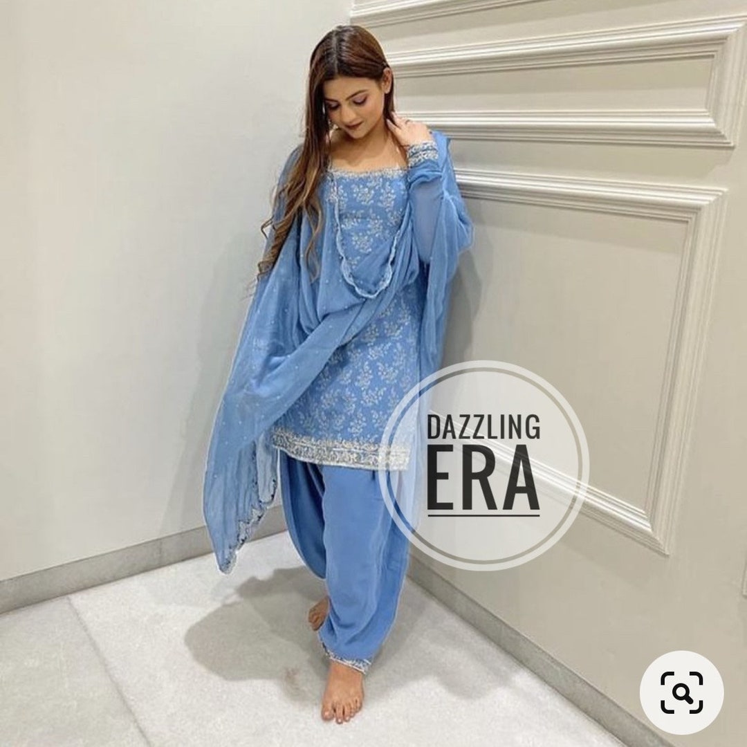 Blue Bollywood Embroided Salwar Kameez Punjabi Suit Dupatta Designer Dresses Ethnic Custom ...