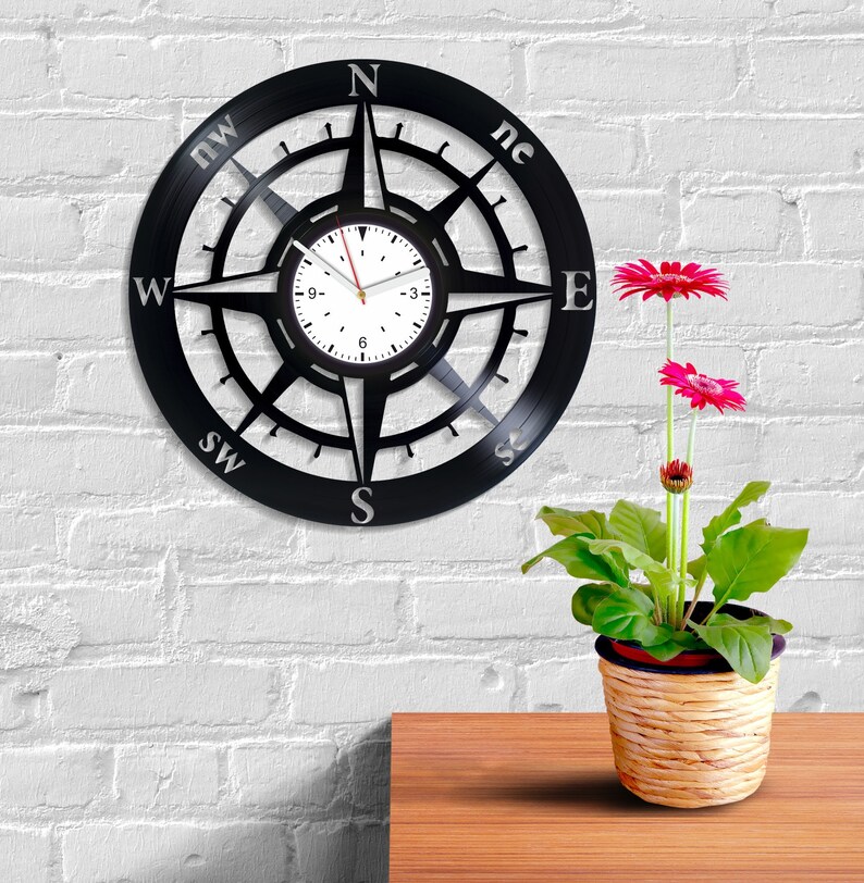 Compass Rose Wall Clock Made From Vinyl Record Vintage Decor - Etsy