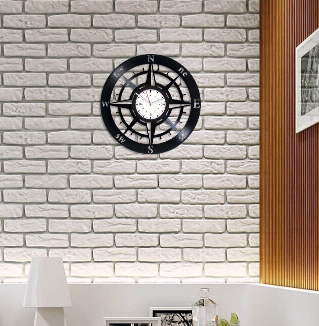 Compass Rose Wall Clock Made From Vinyl Record, Vintage Decor for ...