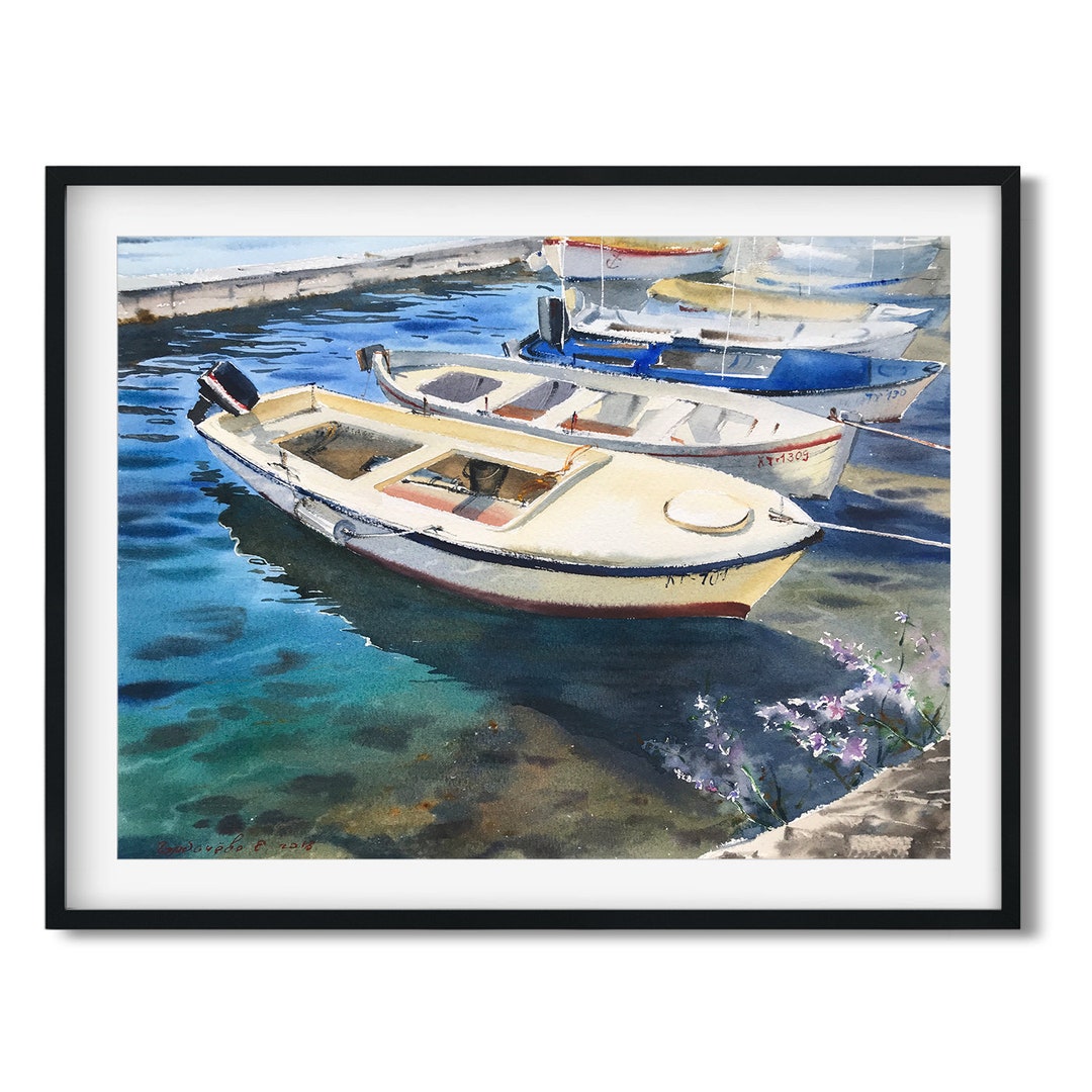 Motorboat Painting Watercolor Original, Nautical Wall Art, Fishing Boat ...