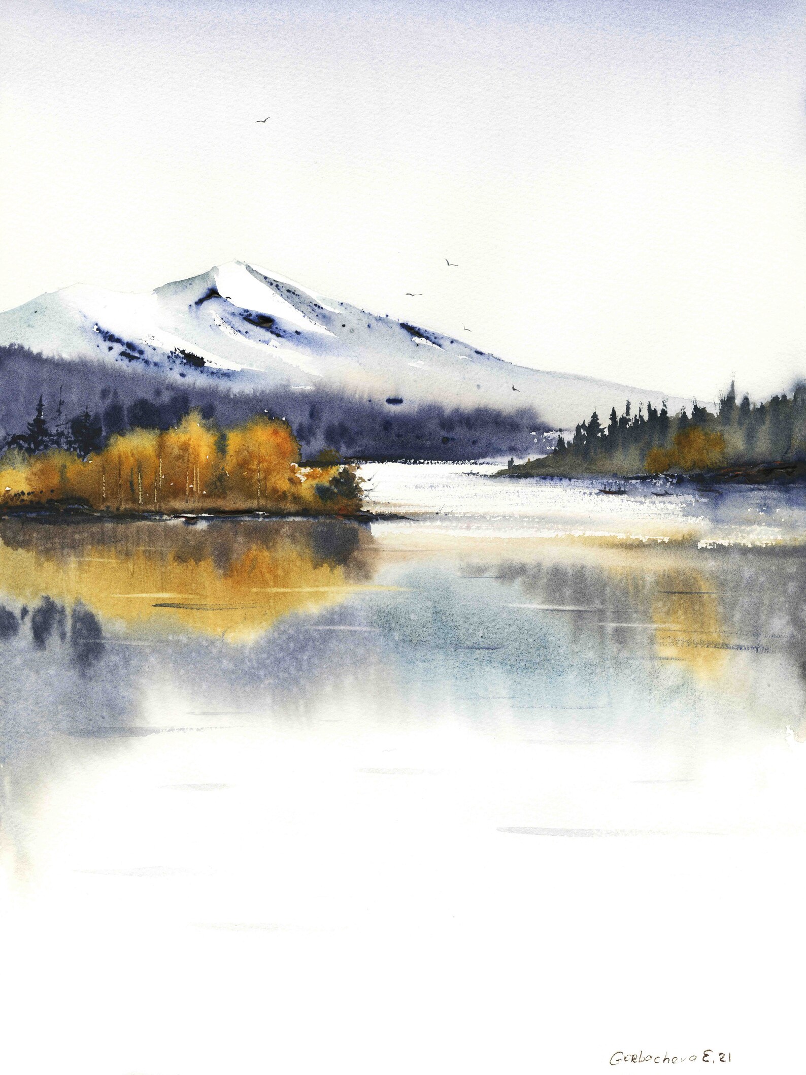 Conjunto de impresiones en acuarela de Autumn Lake: arte de paisaje de ...