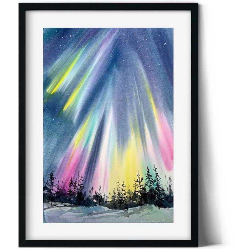 Northern Lights Watercolor Art - Original Aurora Borealis Night Sky ...