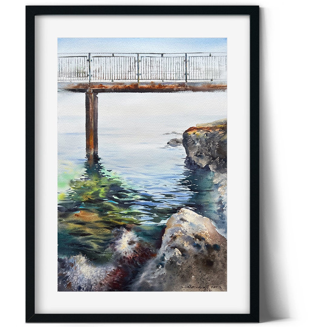 Sea Bridge Painting, Marine Watercolor Original Artwork, Cyprus ...
