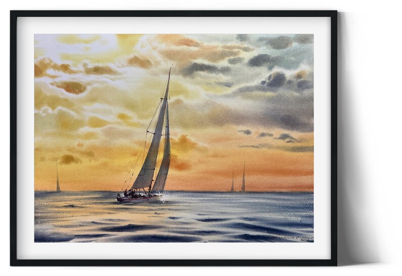 Yacht Watercolor Painting Original Sailboat Artwork Sunset - Etsy